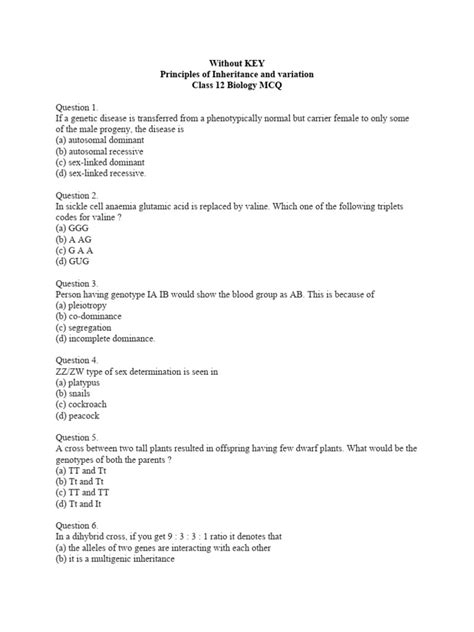 12 Principles Of Inher And Variation Mcq Pdf Dominance Genetics