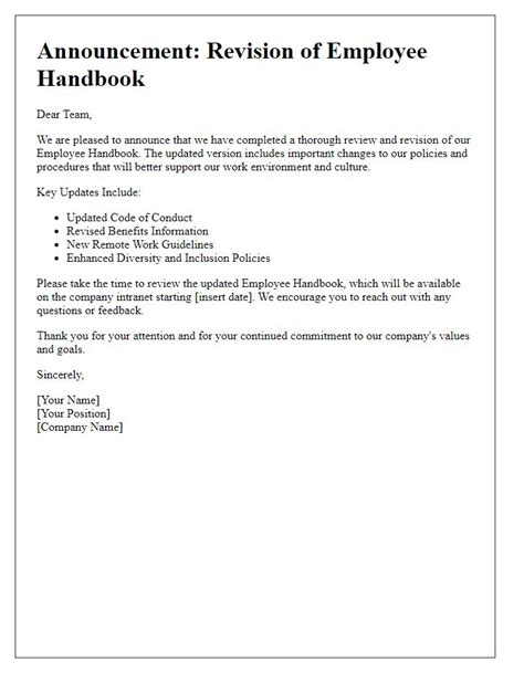 Letter Template For Employee Handbook Amendment Free Samples In Pdf
