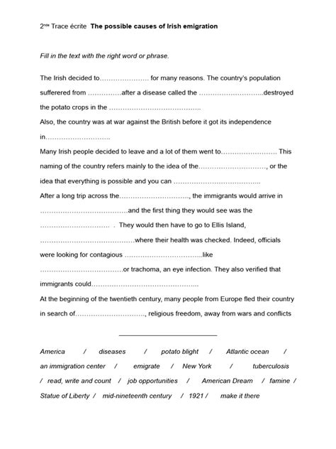 Exercisethe Possible Causes Of Irish Emigration Pdf