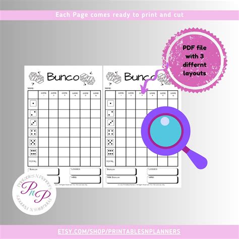 Bunco Score Sheets Printable Full Half Quarter Page Bunco Game