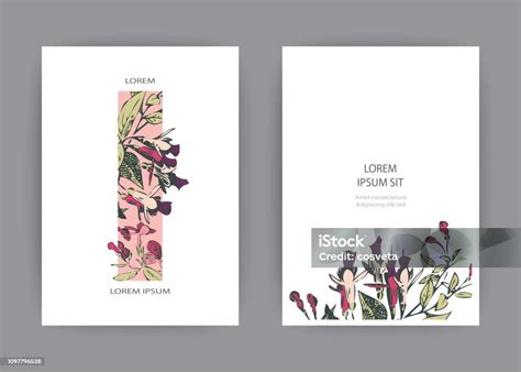 식물 결혼식 초대 카드 템플릿 디자인 손으로 그린 적자 색 분홍색 꽃과 잎 흰색 배경 미니 멀 빈티지 스타일 사각 프레임 파스텔 빈티지 농촌 테마 결혼식에 대한 스톡 벡터