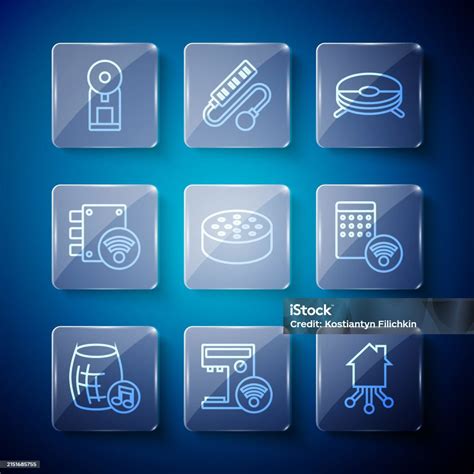 음성 비서 스마트 커피 머신 집 로봇 청소기 수분 센서 디지털 도어록 가습기 아이콘을 설정합니다 벡터 가사 집안일에 대한 스톡 벡터 아트 및 기타 이미지 Istock