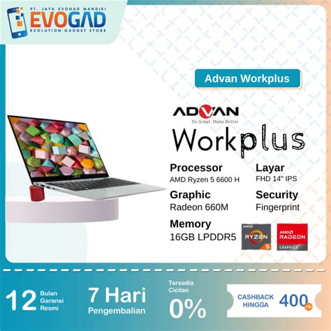 Advan Laptop Workplus Amd Ryzen 5 6600h 14 Fhd Ips 16gb 512gb Win 11
