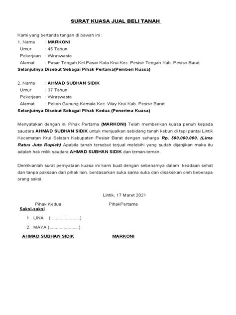 7 Contoh Surat Kuasa Tanah Untuk Kepentingan Jual Beli Properti Casa