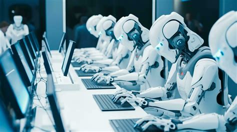 White Ai Robot Working And Looking On Monitor Creen Computer Lab High