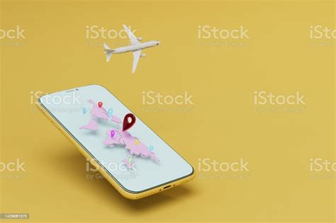 비행기로 전 세계를 여행하십시오 스마트 폰에서 목적지 지점이있는 세계지도 붙여 넣기를 복사하십시오 3d 렌더링 0명에 대한 스톡