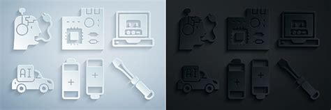 배터리 설정 로봇 생성 자율 스마트 자동차 드라이버 마더 보드 디지털 칩 및 로봇 충전 배터리 아이콘 벡터 3차원 형태에 대한