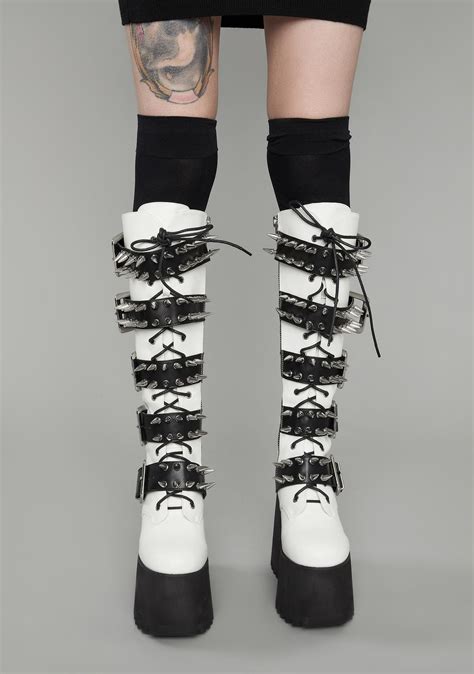 Widow Spiked Buckle Knee High Platform Boots White Dolls Kill