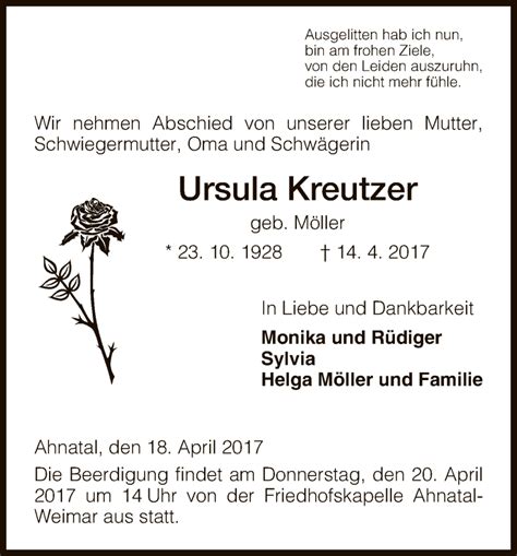 Traueranzeigen Von Ursula Kreutzer Trauer HNA De