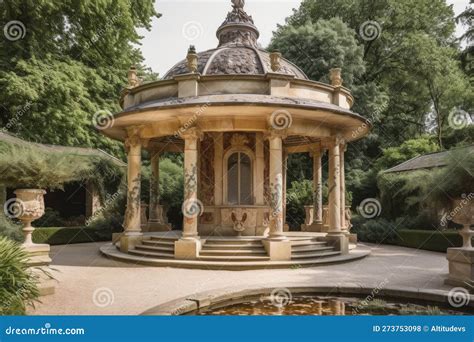 Classical Pavillion In Picturesque Garden With Fountains And Statues