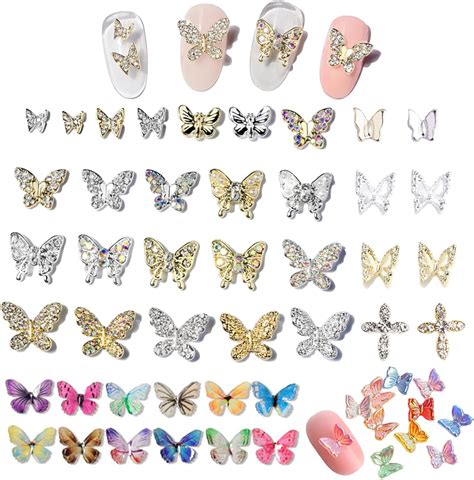 Kit De 50 Dijes De Uñas De Mariposa Mixta 3d Para Decoración De