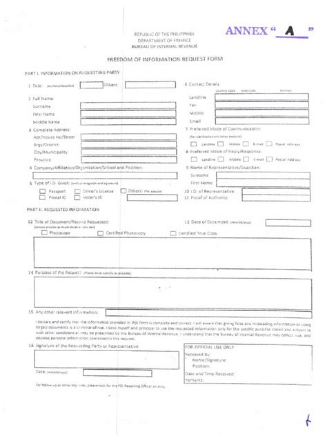 Revised Peoples Foi Manual Of The Bir Annex A Foi Request Form Pdf