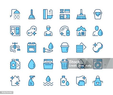 Cleaning Icons Set Vector Line Icons Blue Color Outline Stroke Symbols