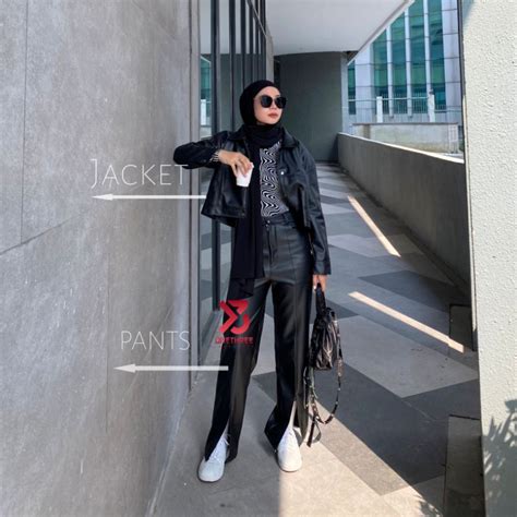Jual Split High Waist Pants And Crop Jakcet Leather Pu Ootd Kakpit Celana Belah Bawah Shopee