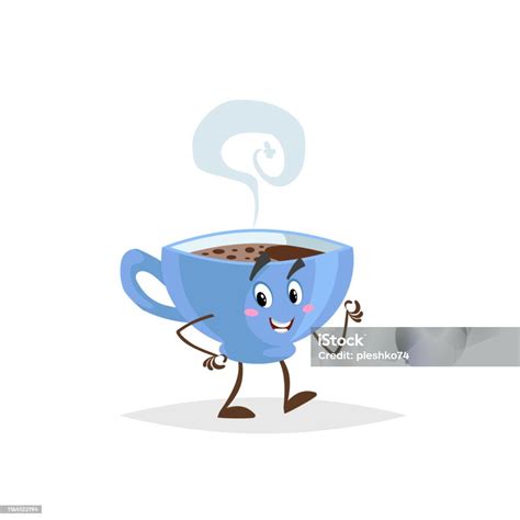 귀여운 만화 커피 블루 컵 캐릭터 산책 뜨거운 음료와 인간화 된 머그잔 아침 아침 마스코트 강한 맛 뜨거운 음료와 증기 벡터