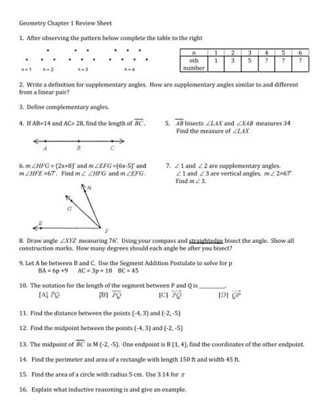 Geometry Review Sheet Answers