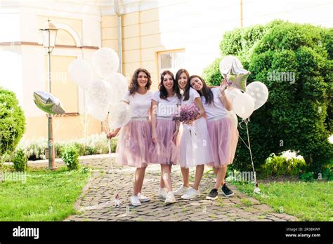 Happy Lovely Girlfriends At Hen Party In The Summer Outdoors Stock