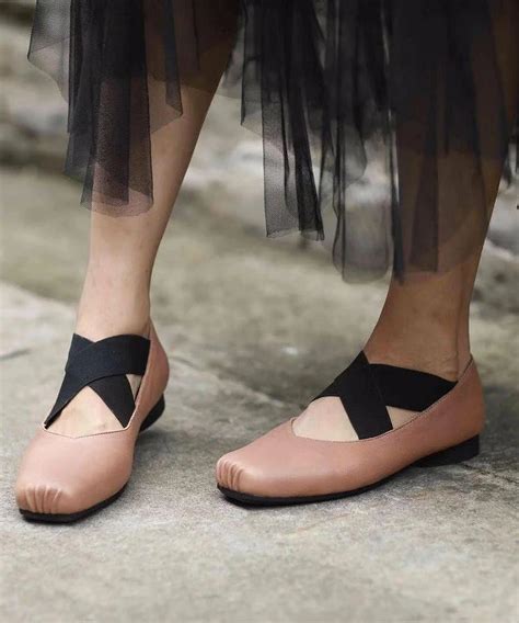 Beige Ballet Flats Shoes Cowhide Leather Boutique Cross Strap Ballet