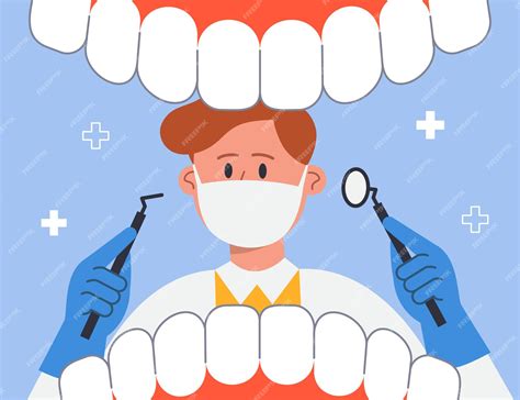 치과 의사는 마스크를 쓰고 하얀 치아를 검사하는 도구를 들고 있습니다 치과 환자 보기 평면 벡터 일러스트 레이 션 내부 입을