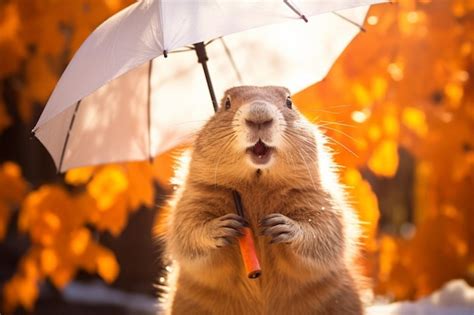 Premium Ai Image Cute Groundhog With White Umbrella Autumnal Trees On