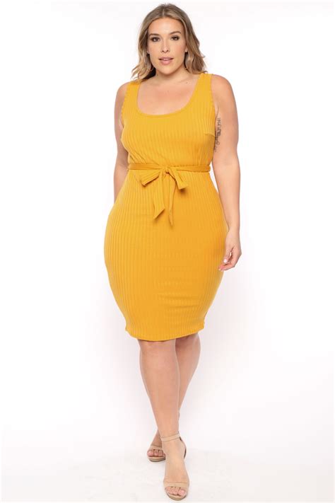 Shop Curvy Sense Plus Size Sarai Belted Ribbed Dress Mustard On Get