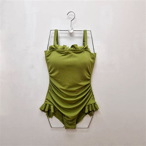 핑크비올라 그린 프릴 백리스 여성 모노키니 원피스 호텔 수영복