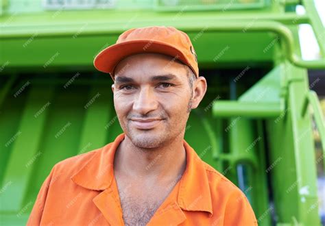 Premium Photo Male Garbage Collector And Dump Truck Smiling Portrait