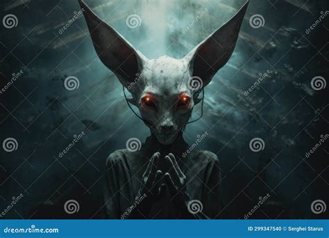 A Creepy Alien With Big Ears And Red Eyes Standing In A Dark Room Ai Stock Illustration