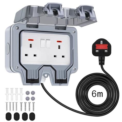 Chilymes Double Outdoor Socket With 6m Extension Lead Outside Plug