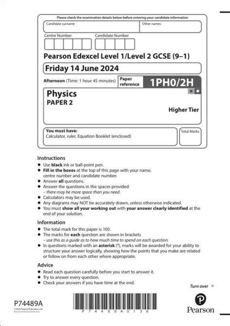 Pearson Edexcel Level 1/Level 2 GCSE (9–1) Physics PAPER 2 Higher Tier 1PH0/2H question paper ...