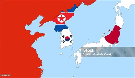 한국의 지도를 중심으로 한국과 이웃 국가를 보여주는 벡터 지도 플래그는 국가지도 가장 최근의 상세한 도면에 표시됩니다 대한민국에