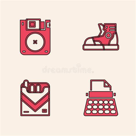 Set Retro Typewriter Floppy Disk Sport Sneakers And Cigarettes Pack Box Icon Vector Stock