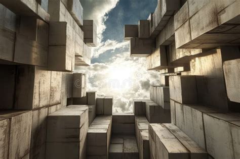 Unique Architectural Structures Create An Interesting Perspective Under A Cloudy Sky Stock