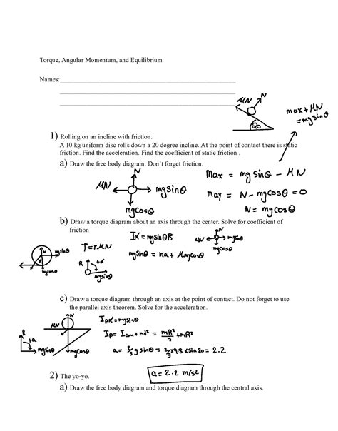 Chapter 11 Worksheet Torque Angular Momentum And Equilibrium