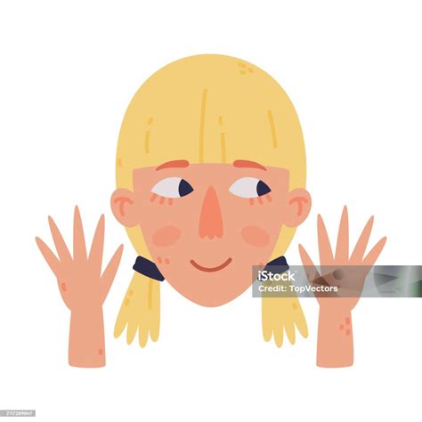 금발 여자 머리 와 행복하다 감정 물결치는 손 벡터 일러스트 감정에 대한 스톡 벡터 아트 및 기타 이미지 감정 개념 금발