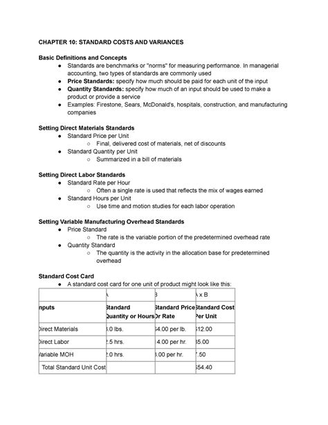 Chapter 10 Standard Costs And Variances CHAPTER 10 STANDARD COSTS