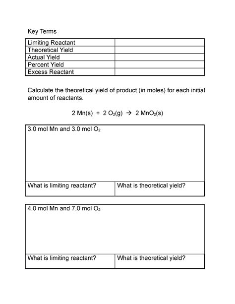 Theoretical Yield Practice MC Key Terms Limiting Reactant Theoretical Yield Actual Yield
