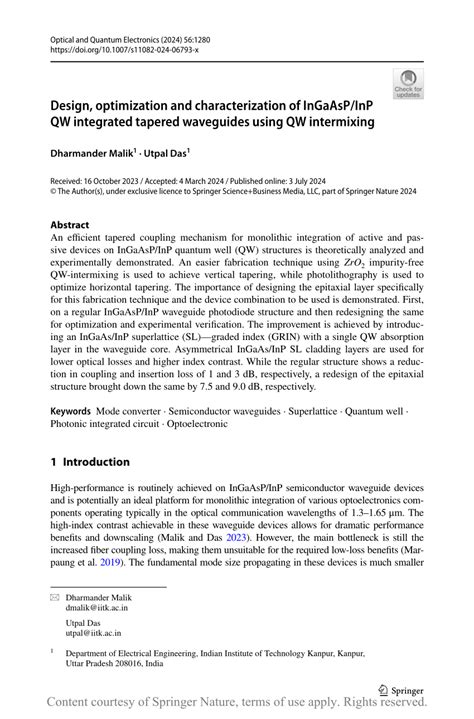 Design Optimization And Characterization Of Ingaaspinp Qw Integrated Tapered Waveguides Using