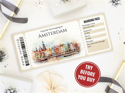 Editable Amsterdam Boarding Pass Template Watercolor Surprise