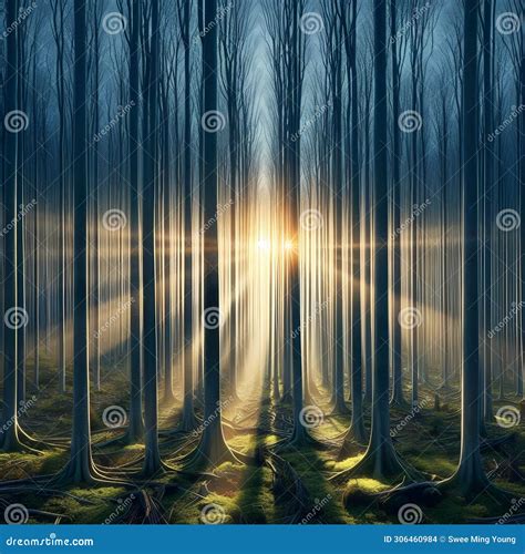 Image Of A Forest With Extremely Thin Tall Trees Magically Dense And