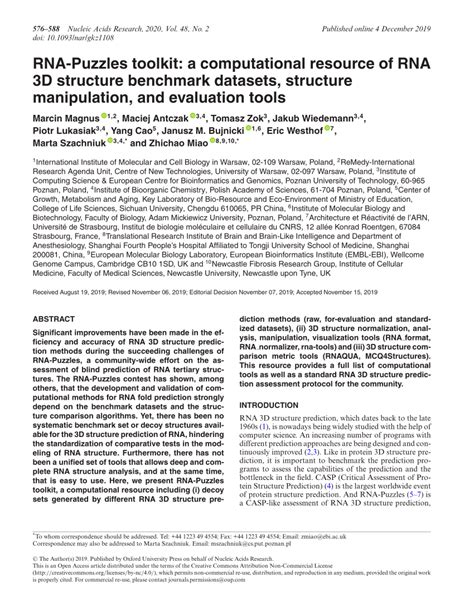 Pdf Rna Puzzles Toolkit A Computational Resource Of Rna 3d Structure Benchmark Datasets