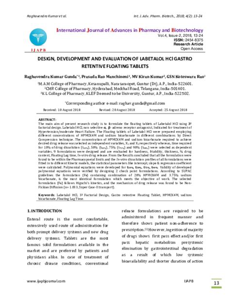Pdf Design Development And Evaluation Of Labetalol Hcl Gastro Retentive Floating Tablets