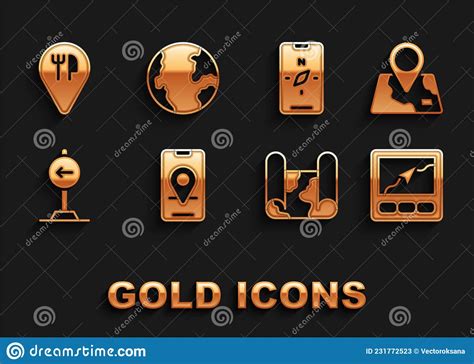 Set City Map Navigation Folded With Location Marker Gps Device Traffic Sign Turn Left