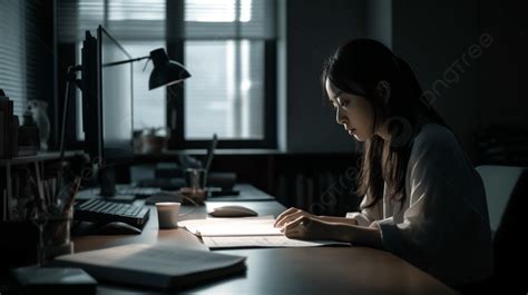 Image Of Woman Working In Her Home Office Dark Background A Woman