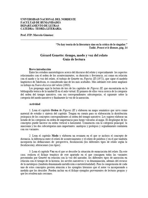 Gérard Genette Tiempo Modo Y Voz Del Relato Guía De Lectura Pdf