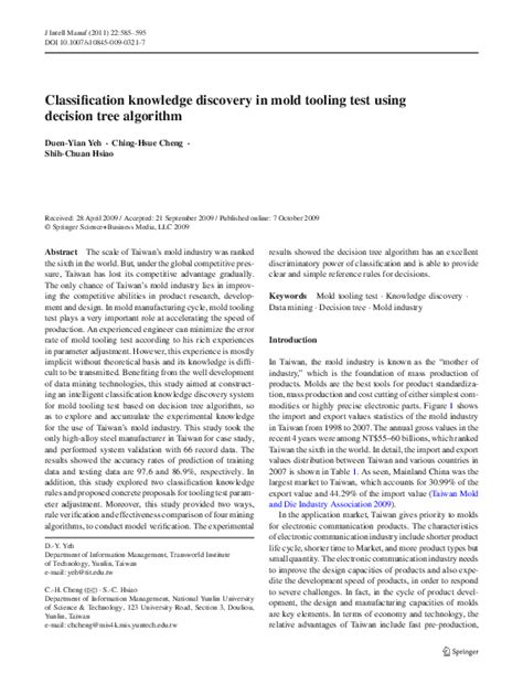 Pdf Classification Knowledge Discovery In Mold Tooling Test Using