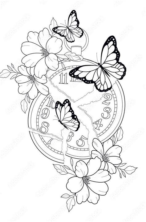 Clock With Butterflies And Flowers Tattoo Design
