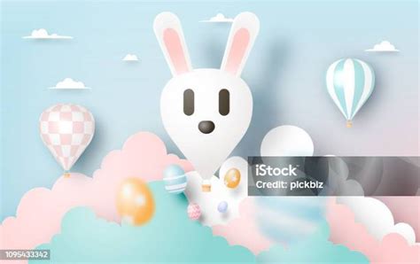 해피 부활절 날 계란 토끼 뜨거운 공기 Balllon와 종이 예술 스타일 개념에 대한 스톡 벡터 아트 및 기타 이미지 개념