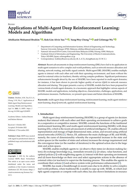 Pdf Applications Of Multi Agent Deep Reinforcement Learning Models And Algorithms