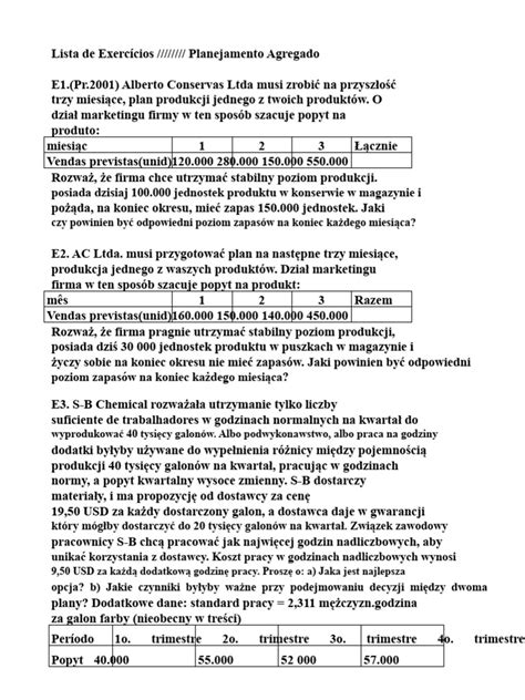 Lista Ćwiczeń Planowanie Agregatowe Pdf